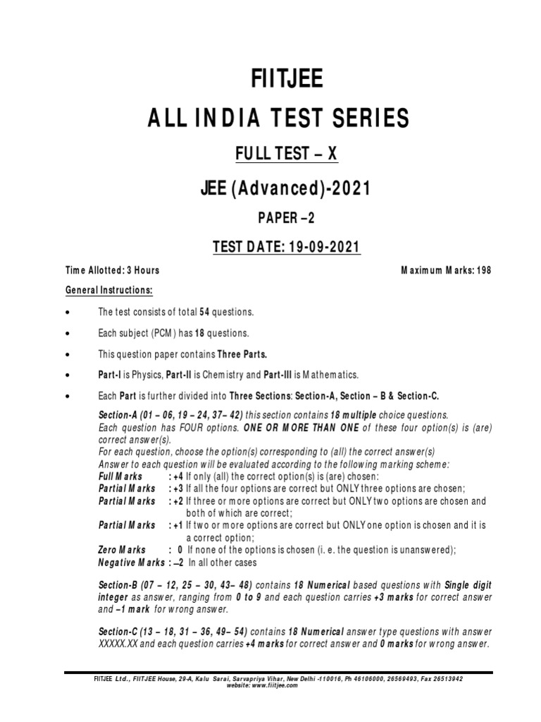 Aits 2021 Ft x Jeea Paper 2 | PDF