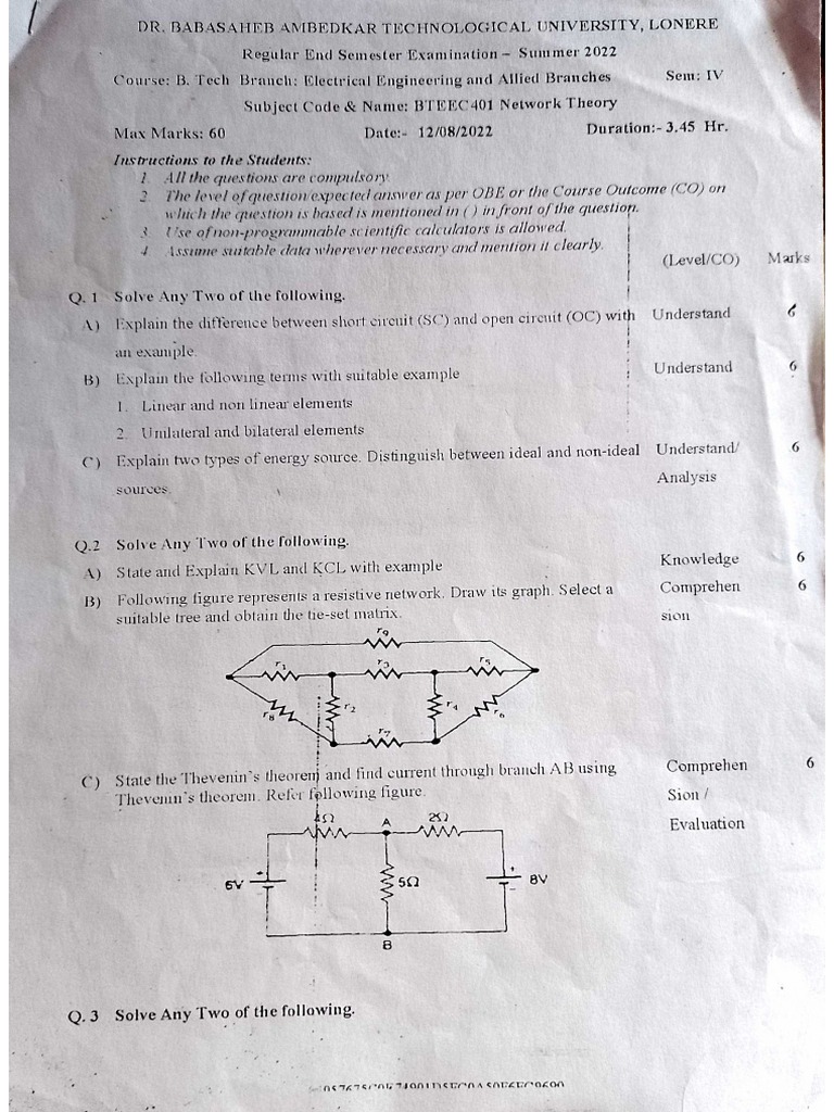 Network Theory Previous Year Question Paper | PDF