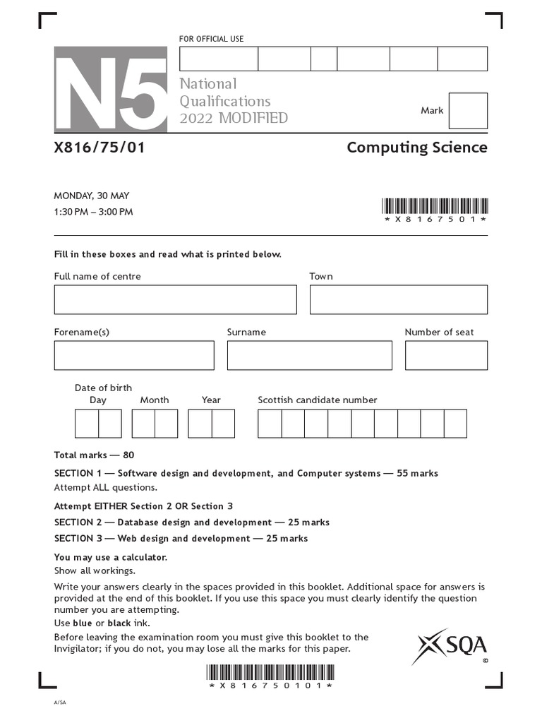 N5 Computing Science Qp 2022 Pdf Computer Program Programming