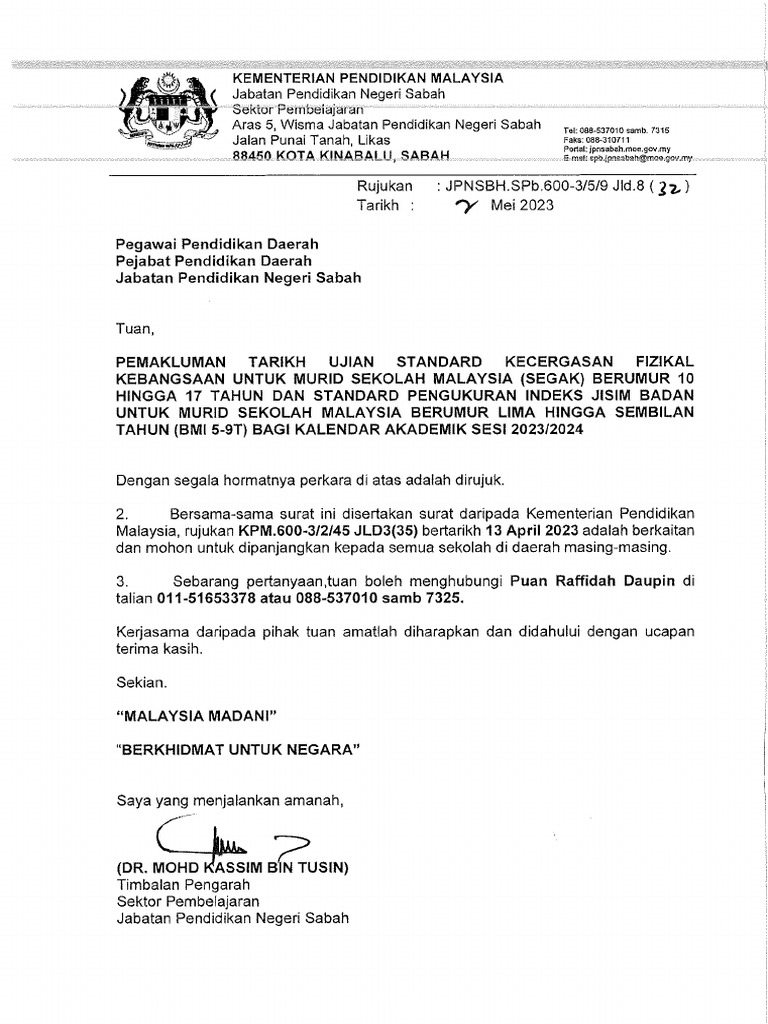 PEMAKLUMAN TARIKH UJIAN STANDARD KECERGASAN FIZIKAL KEBANGSAAN UNTUK ...