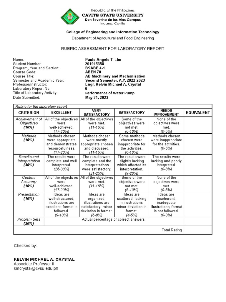Rubric Assessment For Laboratory Report: Performance of Water Pump ...