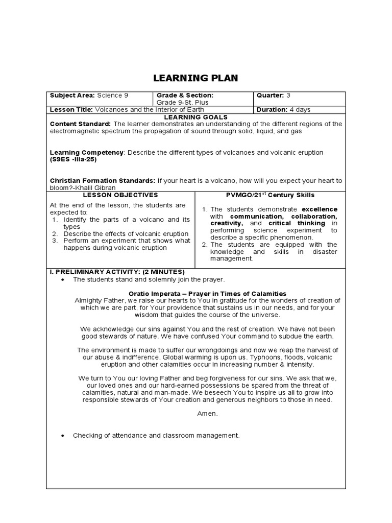 Lesson Plan Volcano Grade 9 Science | PDF | Volcano | Volcanism