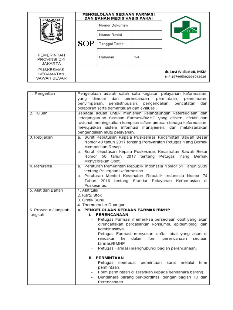 (Rizky) Sop Pengelolaan Sediaan Farmasi Dan BMHP | PDF