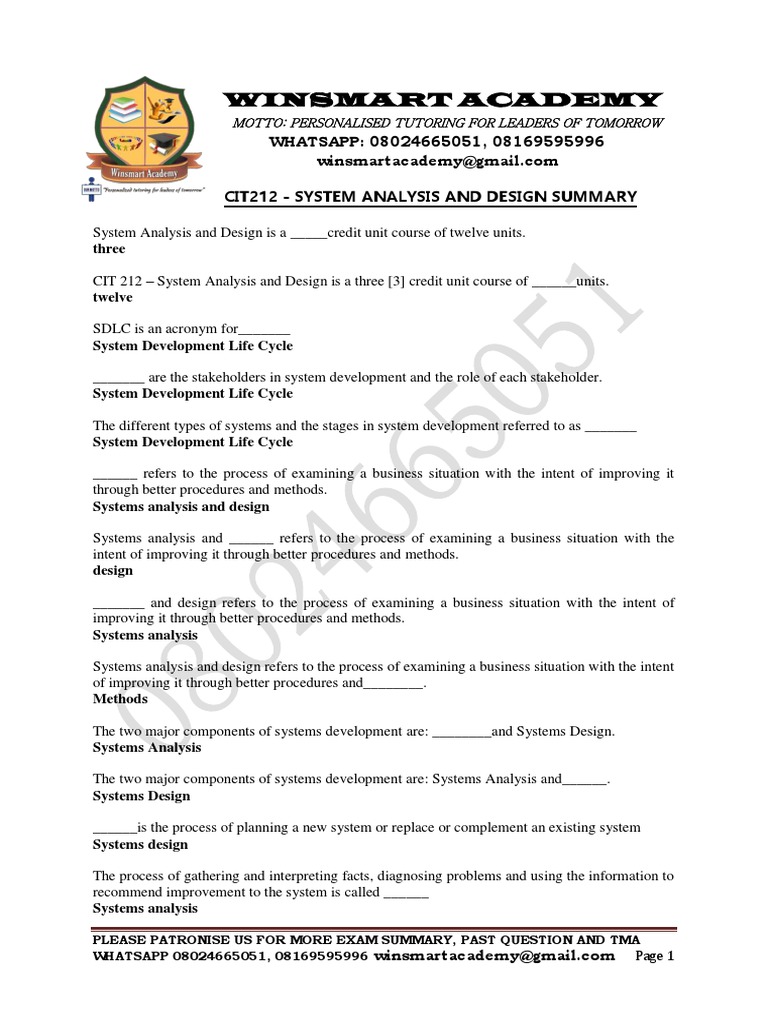 Cit212 System Analysis and Design Summary 08024665051 | PDF