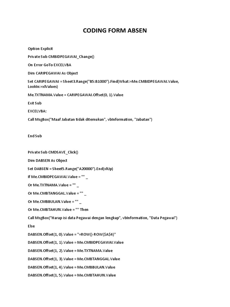 Excel VBA Absen Form Code | PDF