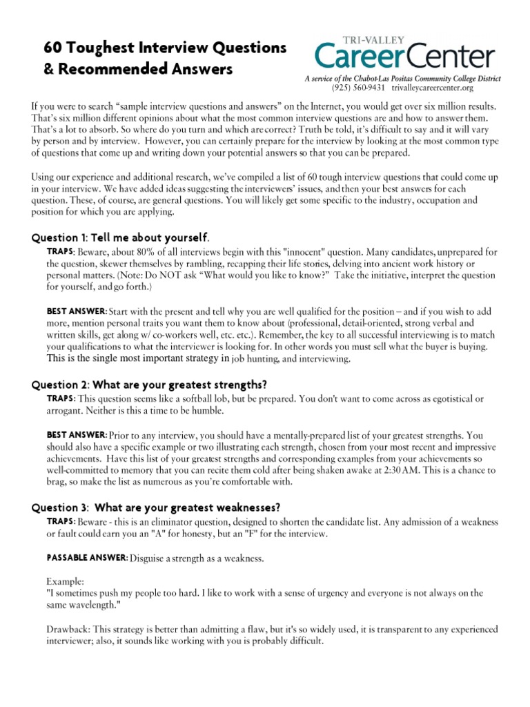 60 Toughest Interview Questions | PDF | Behavioural Sciences | Psychology