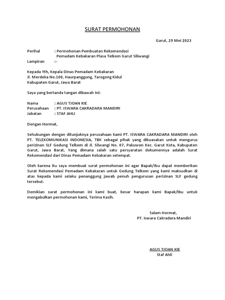 SURAT PERMOHONAN Damkar | PDF