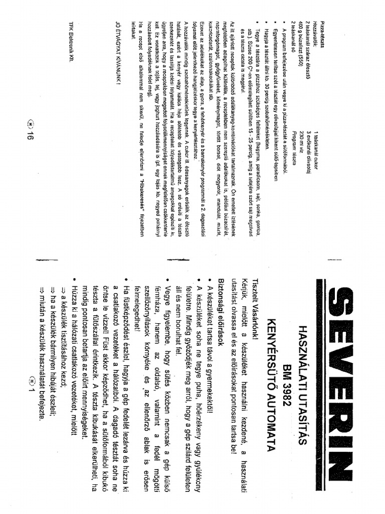 Severin BM 3982 Kenyersuto Hasznalati Utasitas | PDF