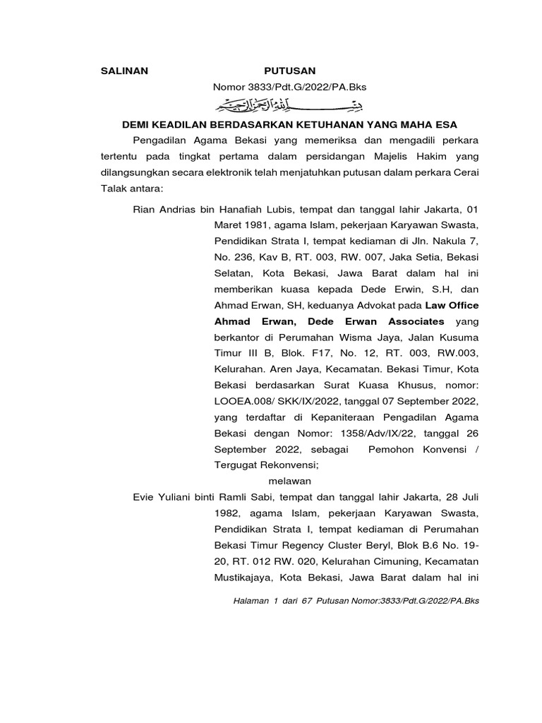 Salinan Putusan 3833 PDT G 2022 PA Bks | PDF