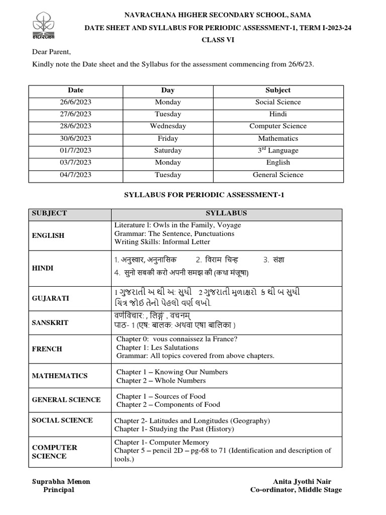 STD VI, Date Sheet and Syllabus of PA1 Term I, 23-24 | PDF | Human ...