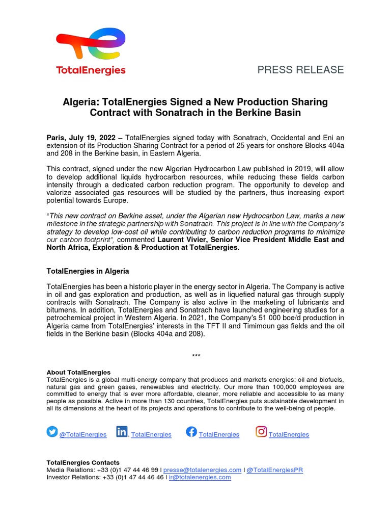 EN Algeria TotalEnergies Signed A New Production Sharing Contract With ...