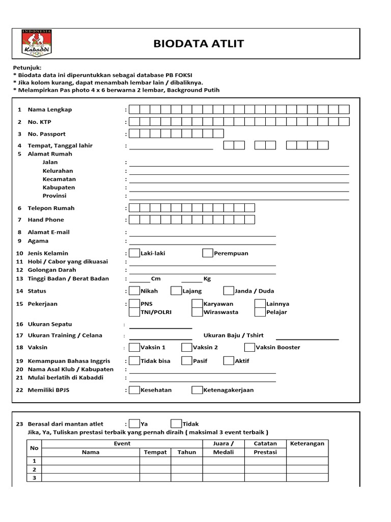 Form Biodata Atlit Kabaddi Full | PDF
