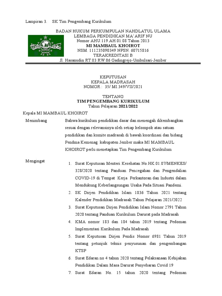 Lampiran 3 SK Tim Kurikulum 2021 | PDF