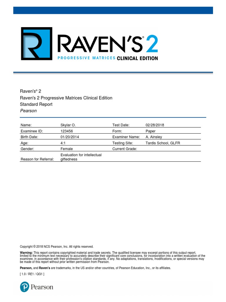 Ravens 2 Sample Score Report Paper Form | PDF | Cognition | Cognitive Science