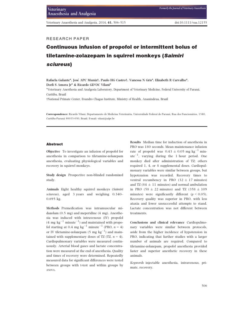 Continuous Infusion of Propofol in Saimiri Sciureus | PDF | Anesthesia ...