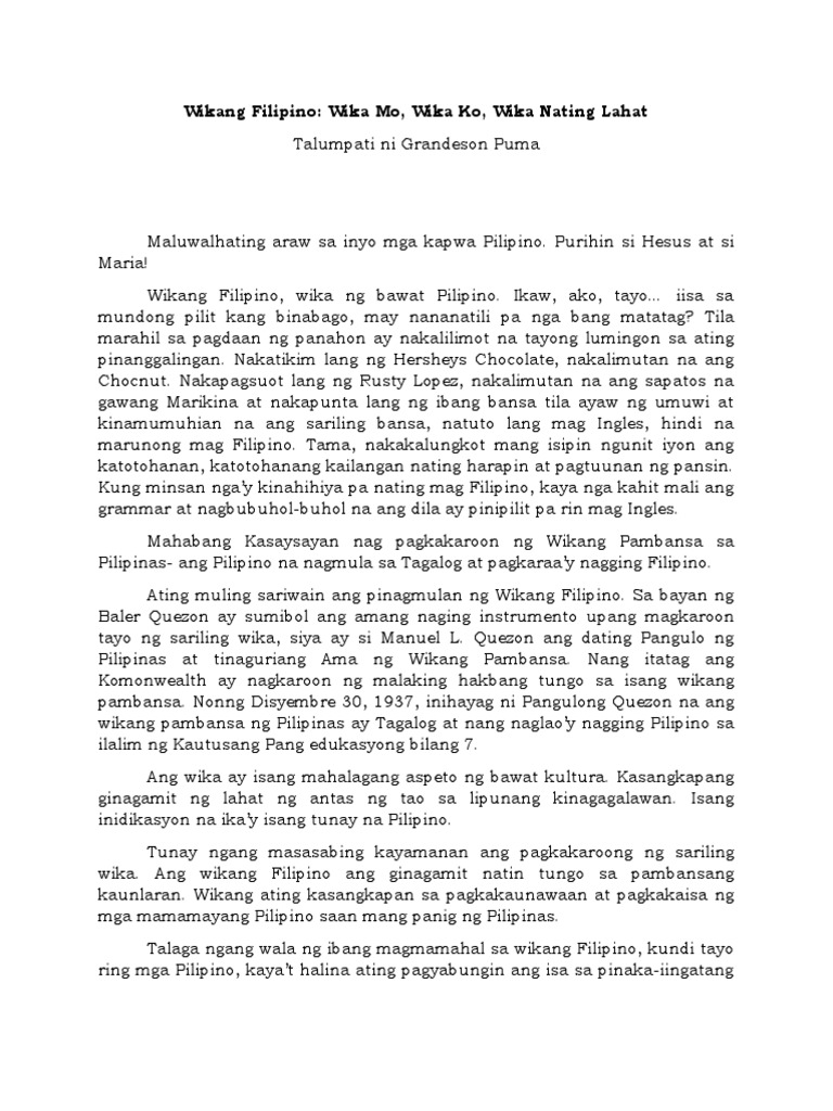 Talumpati sa Wikang Filipino | PDF