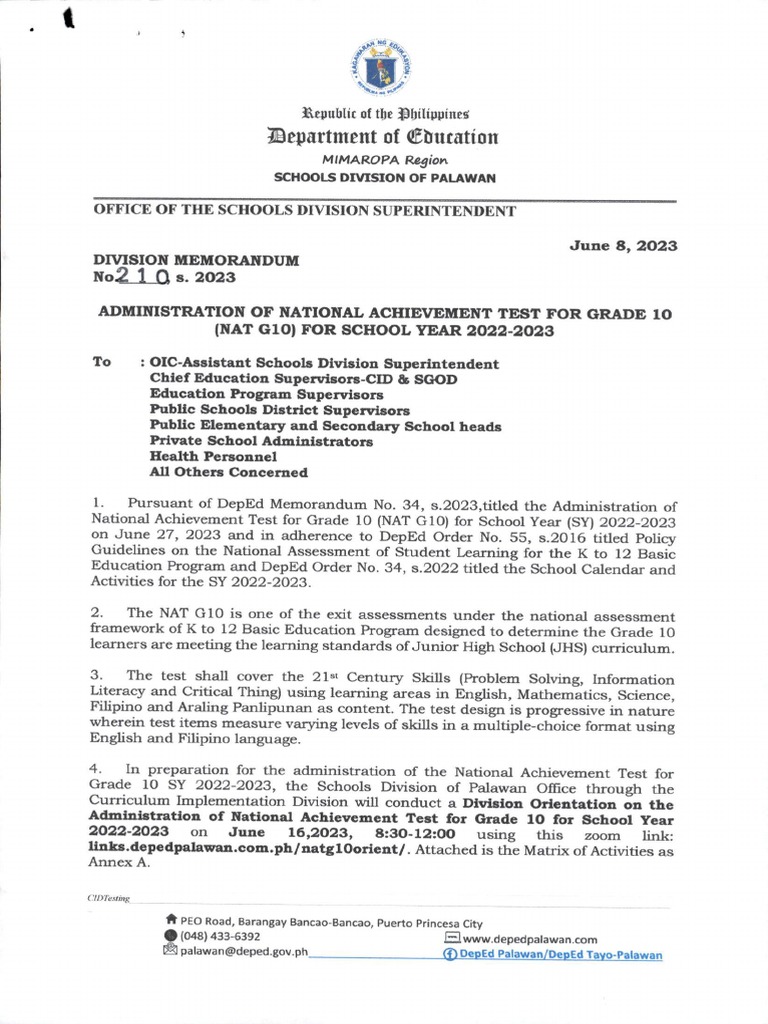 Division Memorandum No. 210 S. 2023 Administration of National ...