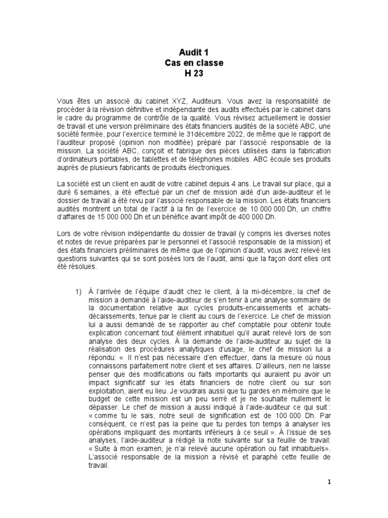 Cas 1 en Audit | PDF | Audit | Risque