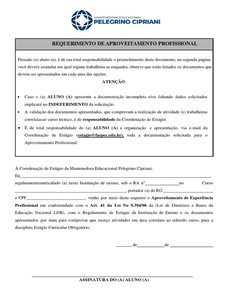 01 Requerimento de Aproveitamento Profissional | PDF