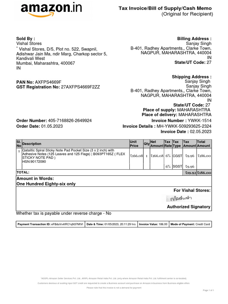 Invoice for Sticky Note Pad Purchase | PDF