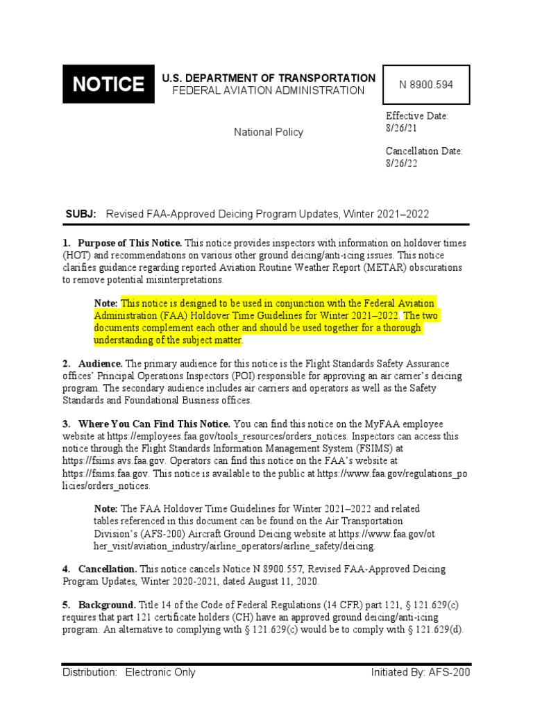 Notice Hold Over Time N8900.594 - FAA | PDF | Frost | Snow