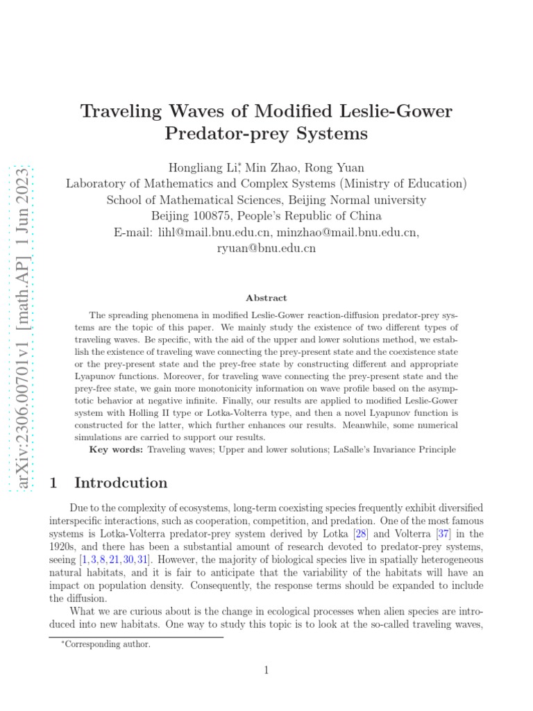 Traveling Waves of Modified Leslie-Gower Predator-Prey Systems | PDF ...