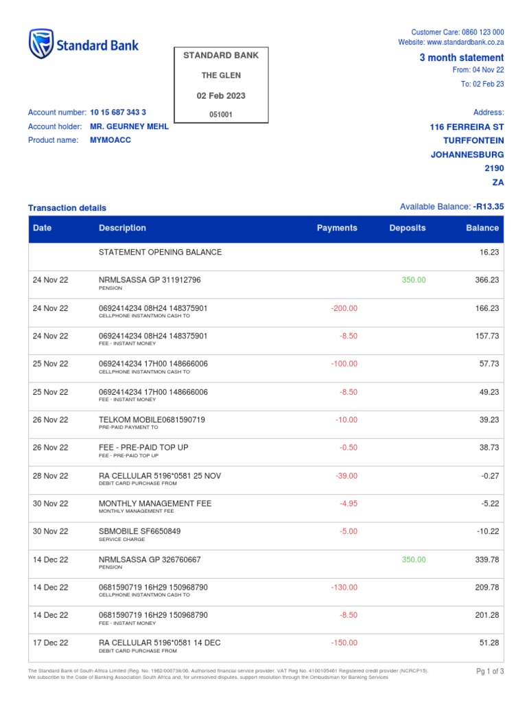 SBSA Statement 2023-02-02 | PDF | Debit Card | Banks