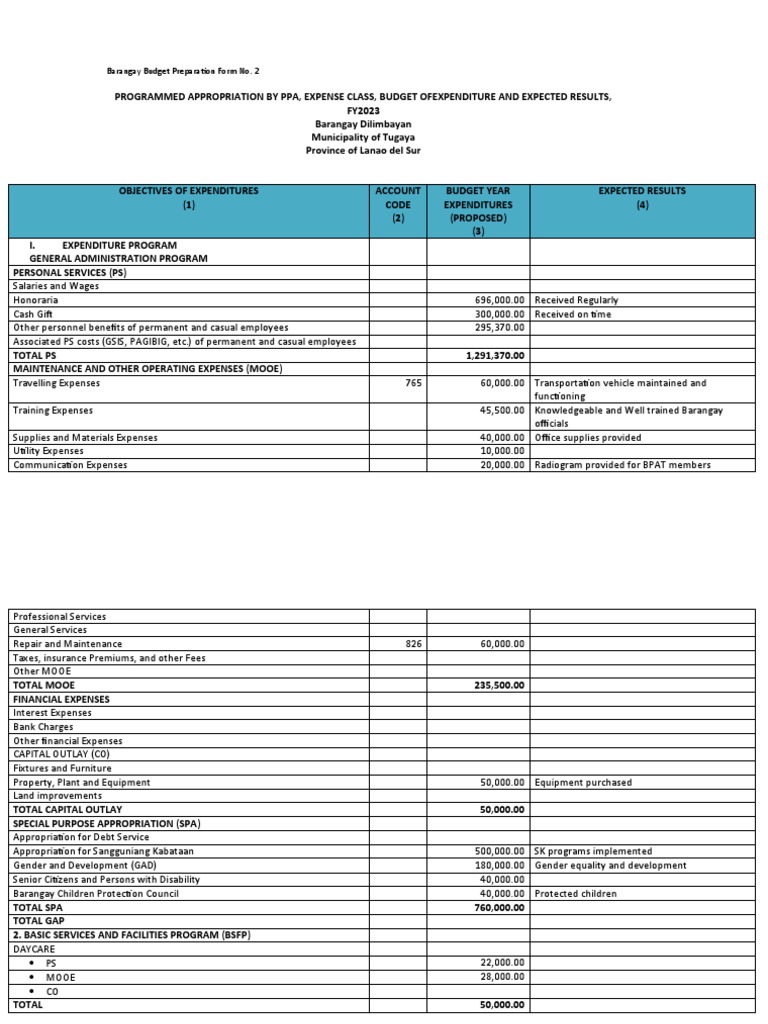 Barangay Budget Preparation Form No 2 | Download Free PDF | Expense ...