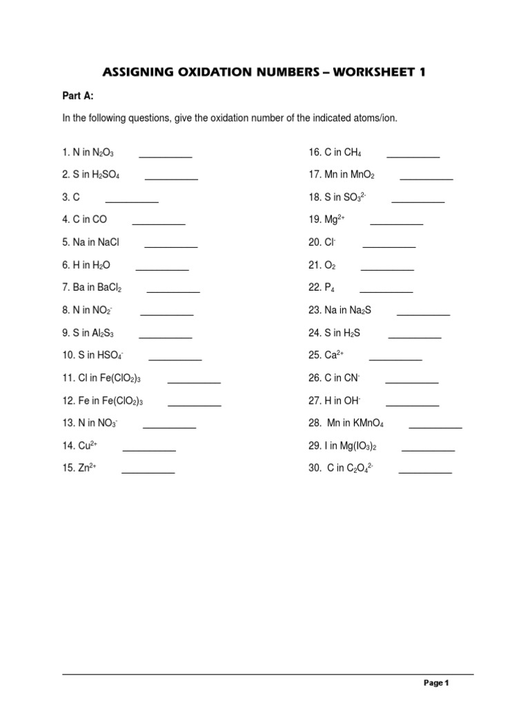 Oxidation Numbers & Redox Worksheet | PDF | Teaching Methods ...