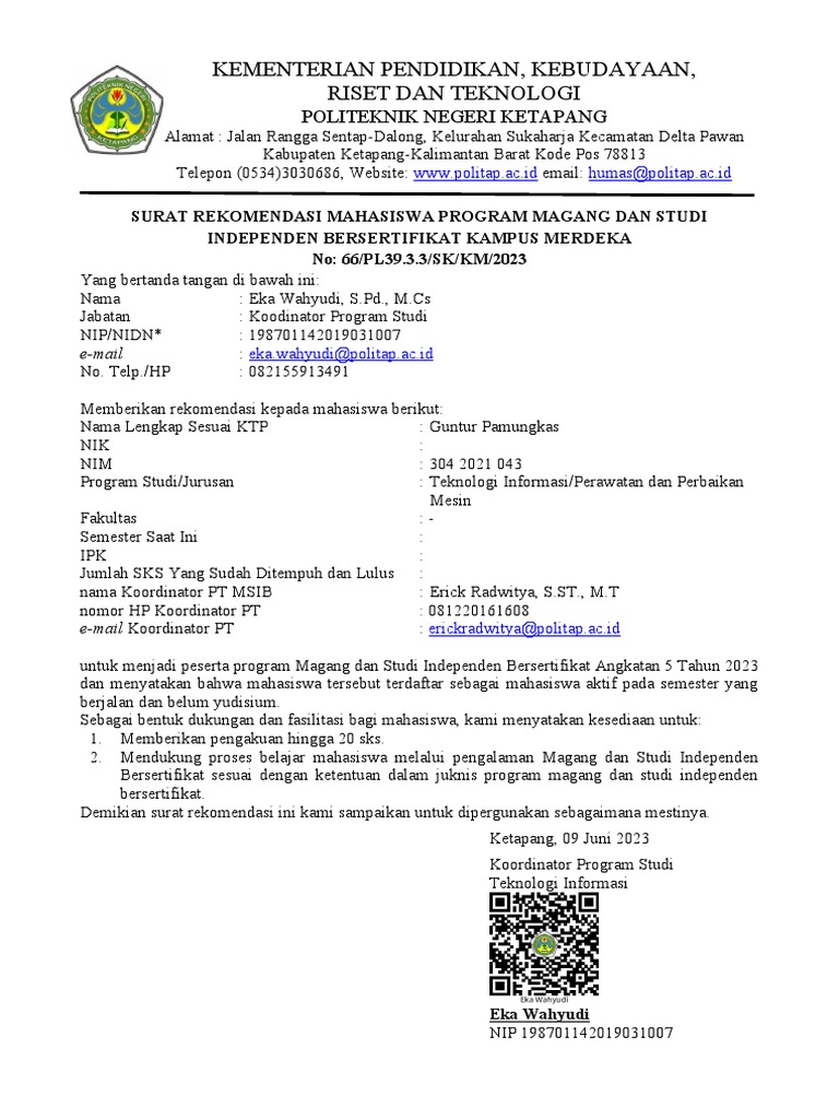 7. [Format] Surat Rekomendasi PT Untuk Mahasiswa Program MSIB Angkatan 5 Mahasiswa | PDF