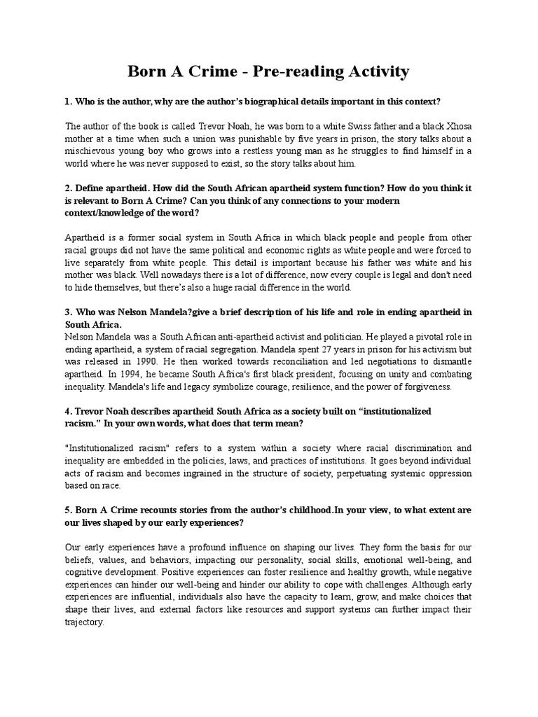 Born A Crime - Pre-Reading Activity | PDF