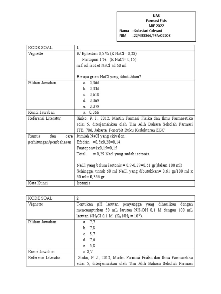 Sulastari Cahyani - UAS - Farmasi Fisis - MIF 2022 | PDF