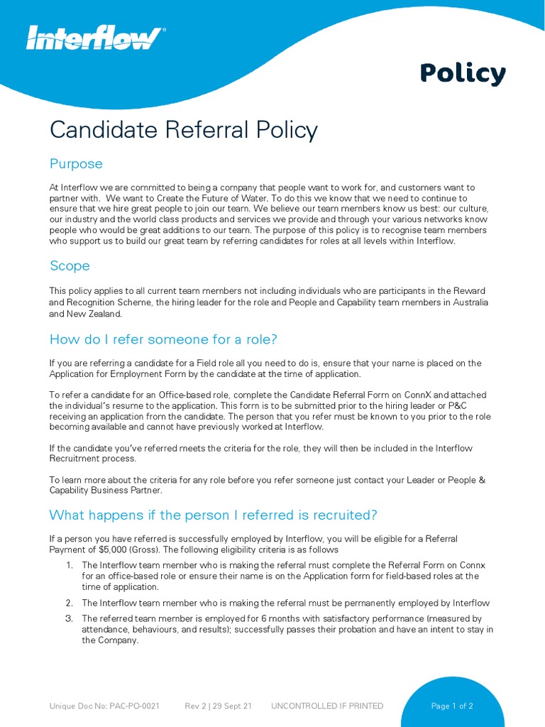 PAC PO 0021 Candidate Referral Policy | PDF | Recruitment | Business