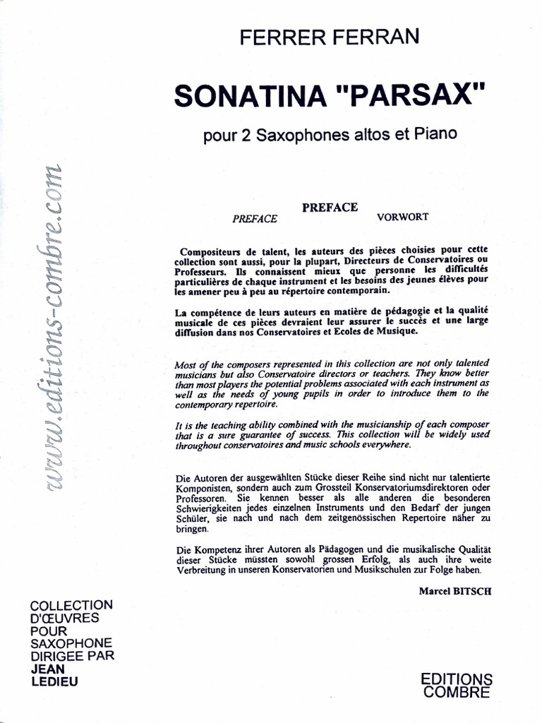 Ferrer Ferran. Sonatina Parsax para 2 Saxos Altos y Piano | PDF