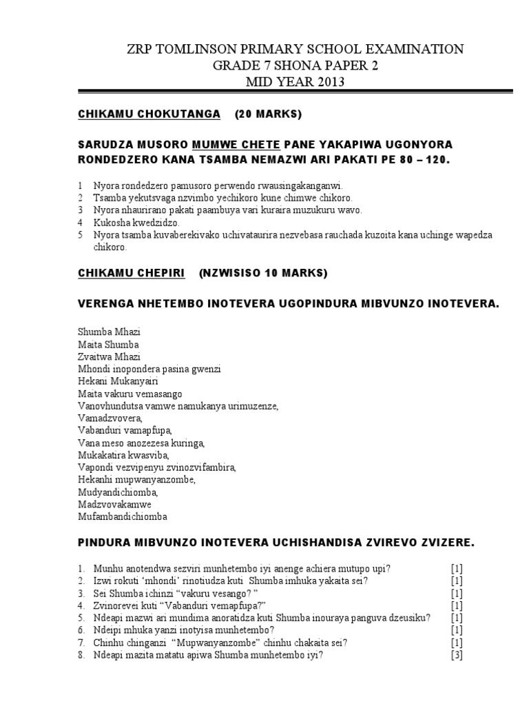 GRADE 7 SHONA PAPER 2 MID YEAR 2013 (2) | PDF