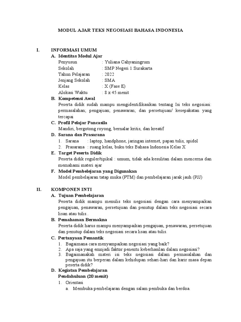 Modul Ajar Teks Negosiasi Kelas 10 | PDF