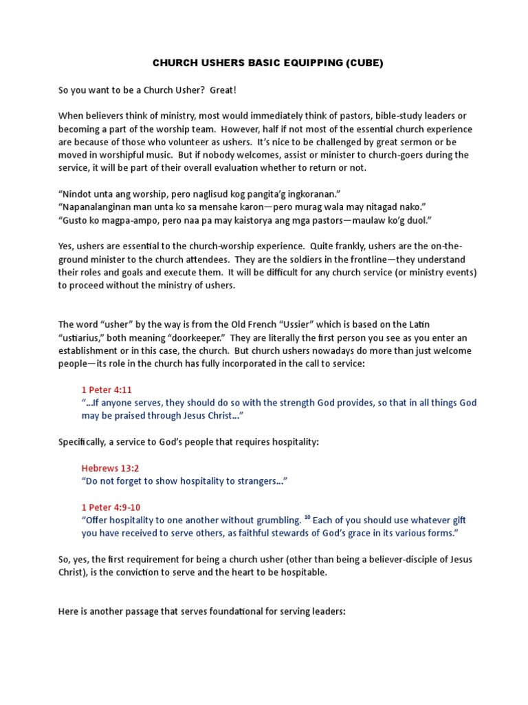 Church Ushers Basic Equipping CUBE Lecturer Notes | PDF | Jesus | Prayer