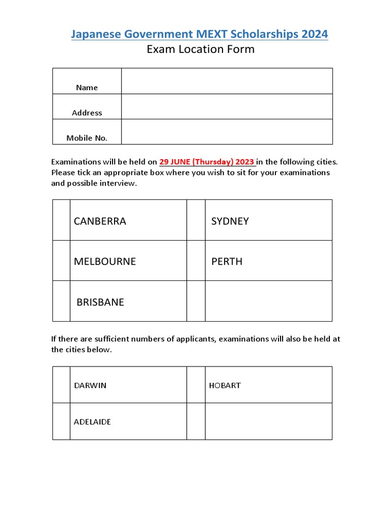 MEXT Scholarship Exam Locations 2024 | PDF