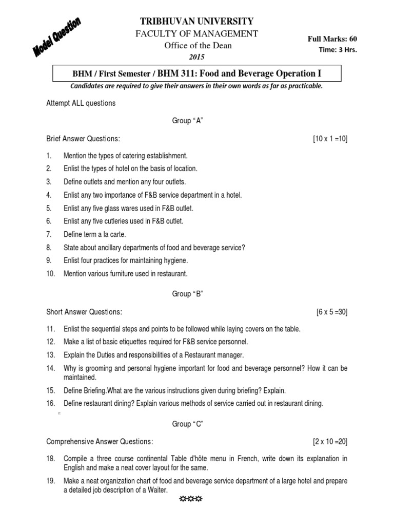 BHM and BTTM First Semester Model Questions | PDF | Tourism | Restaurants