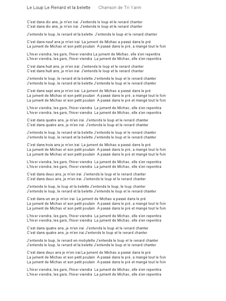 Loup Le Renard et la belette Chanson de Tri Yann | PDF