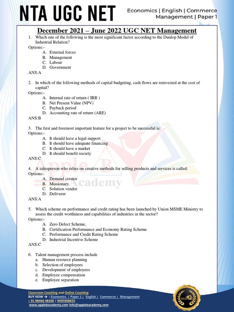 DEC 2021 JUNE 2022 NTA UGC NET Management Question Back Apple B Academy ...