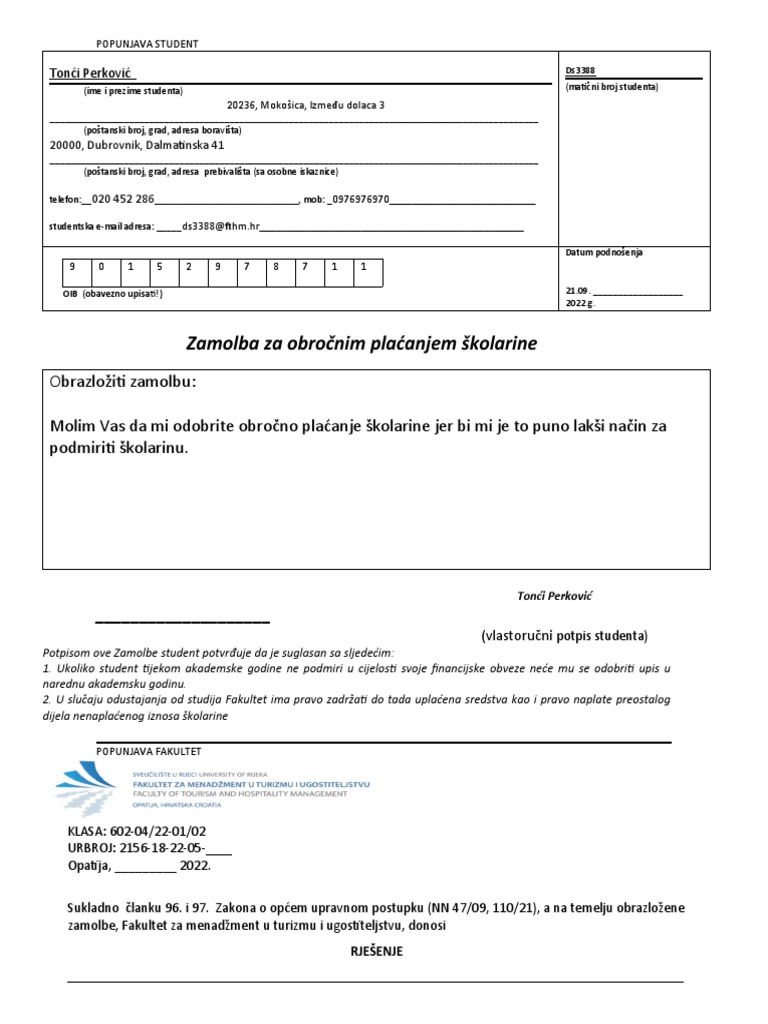 ZAMOLBA - Obročno Plaćanje Školarine 2022 | PDF
