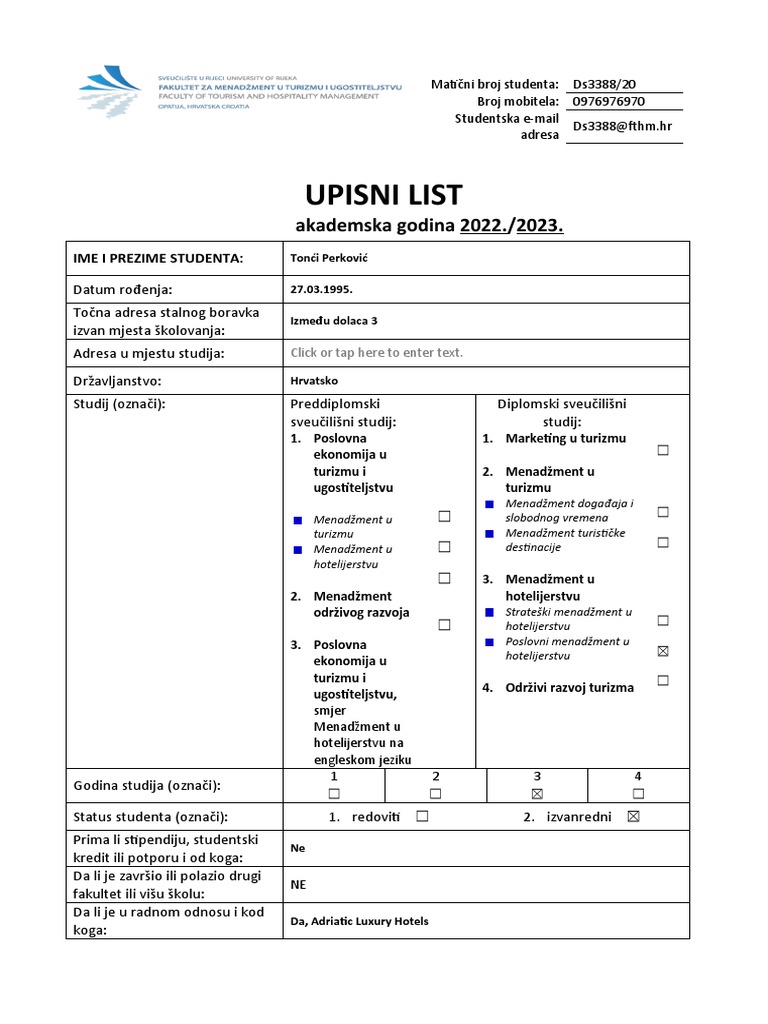 Upisni List FMTU - Više Godine | PDF