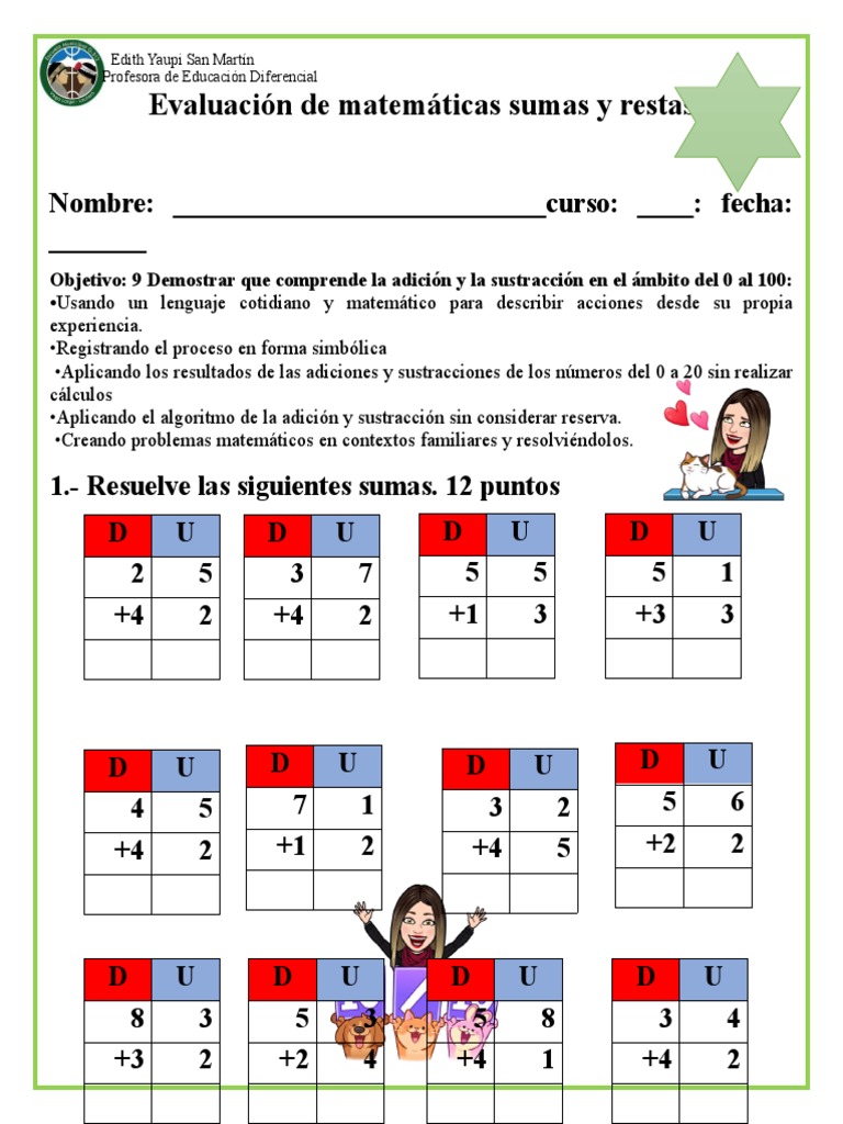 Evaluación de Matemáticas Sumas y Restas | PDF