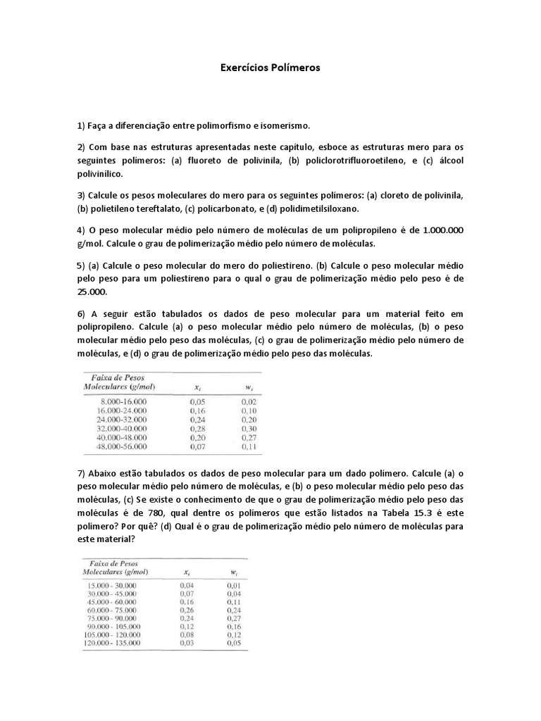 12 Lista De Exercícios Polimeros Pdf Copolimero Polímeros