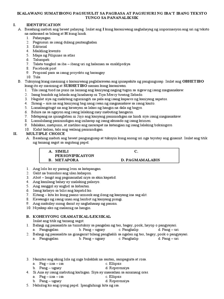 IKALAWANG SUMATIBONG PAGSUSULIT SA PAGBASA AT PAGSUSURI NG IBA | PDF
