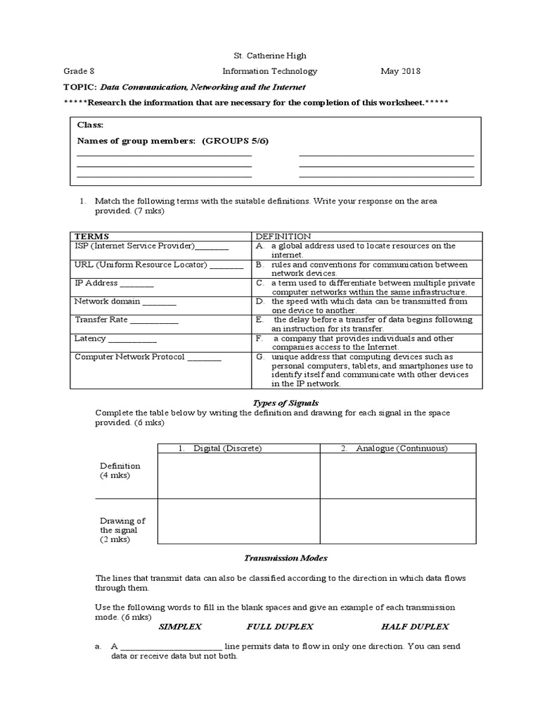 Data Communication Network and Internet Worksheet | Download Free PDF ...