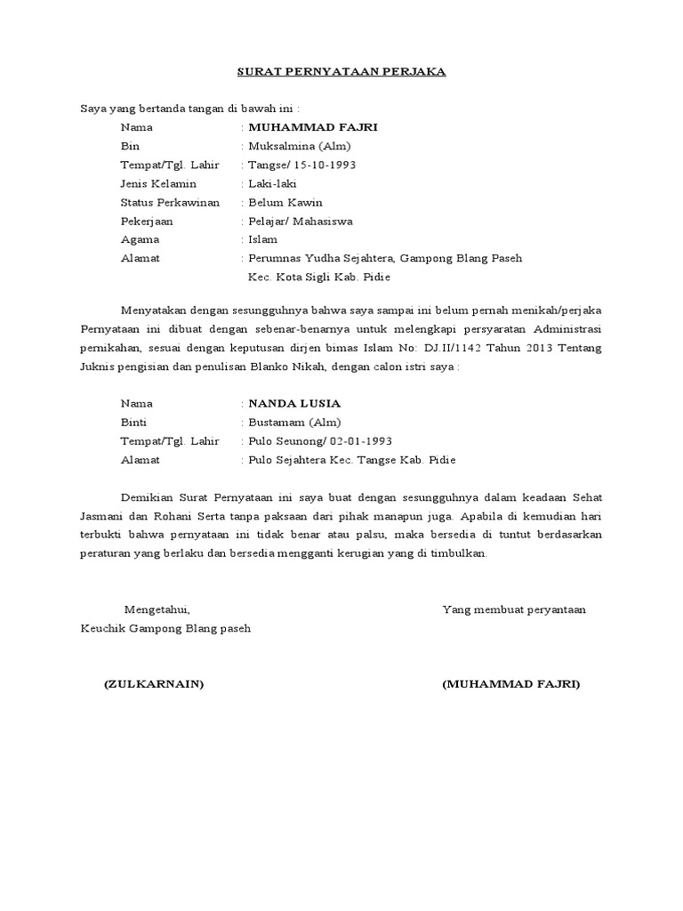 Surat Pernyataan Perjaka untuk Menikah | PDF