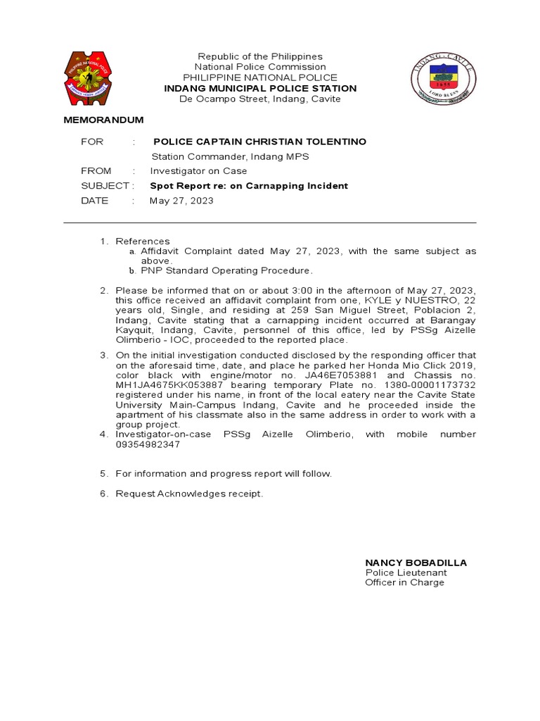 Carnapping Spot Report | PDF | Crimes | Crime & Violence