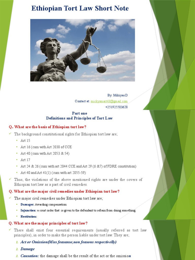 Ethiopian Tort Law Short Note | PDF | Tort | Defamation